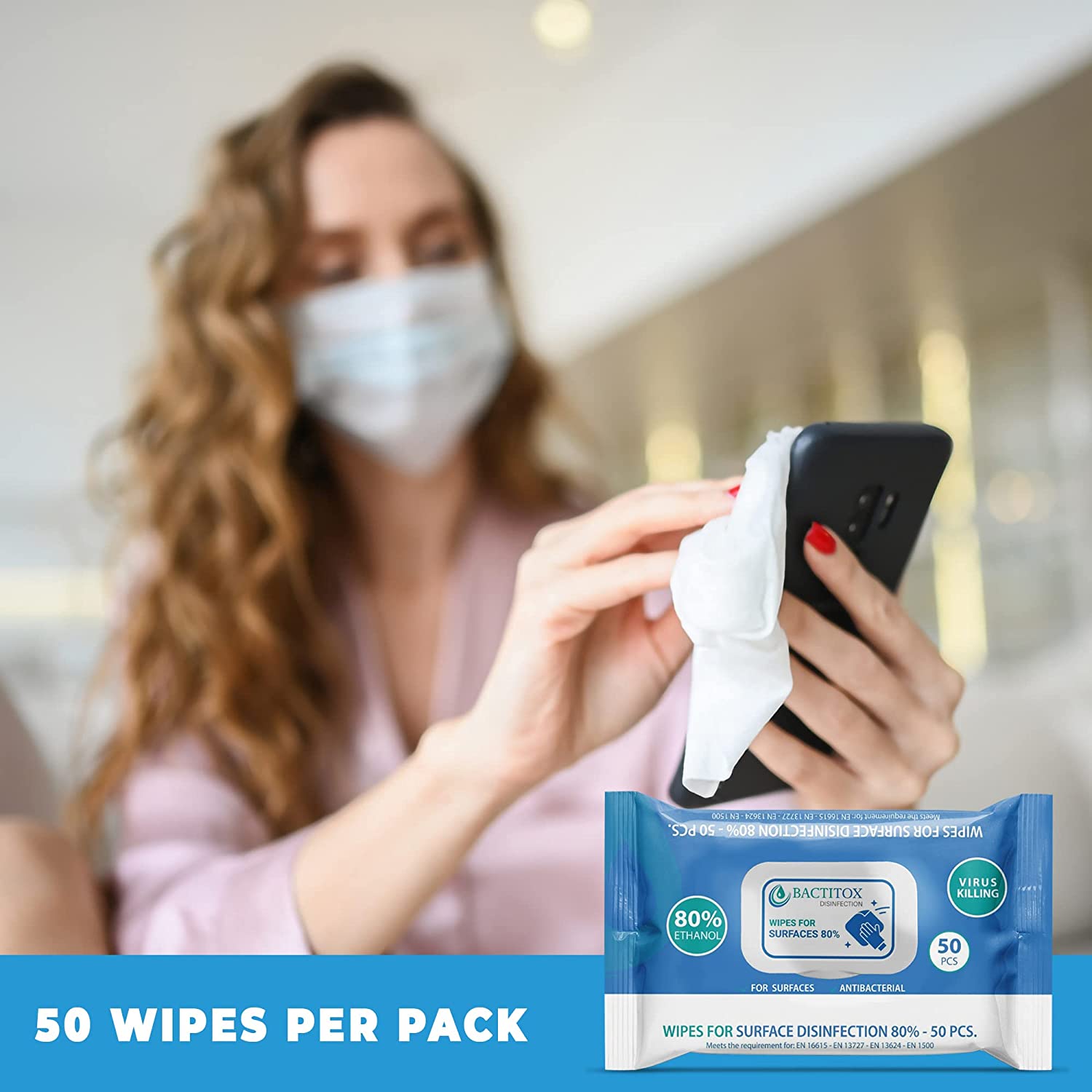 Bactitox Alcohol Wipes - 50 Antibacterial Sanitiser Wipes - 80% Ethanol ...